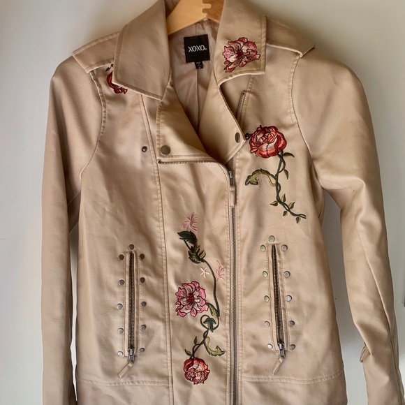 XOXO | Jackets & Coats | Pink Vegan Leather Jacket W Rose Embroidery ...